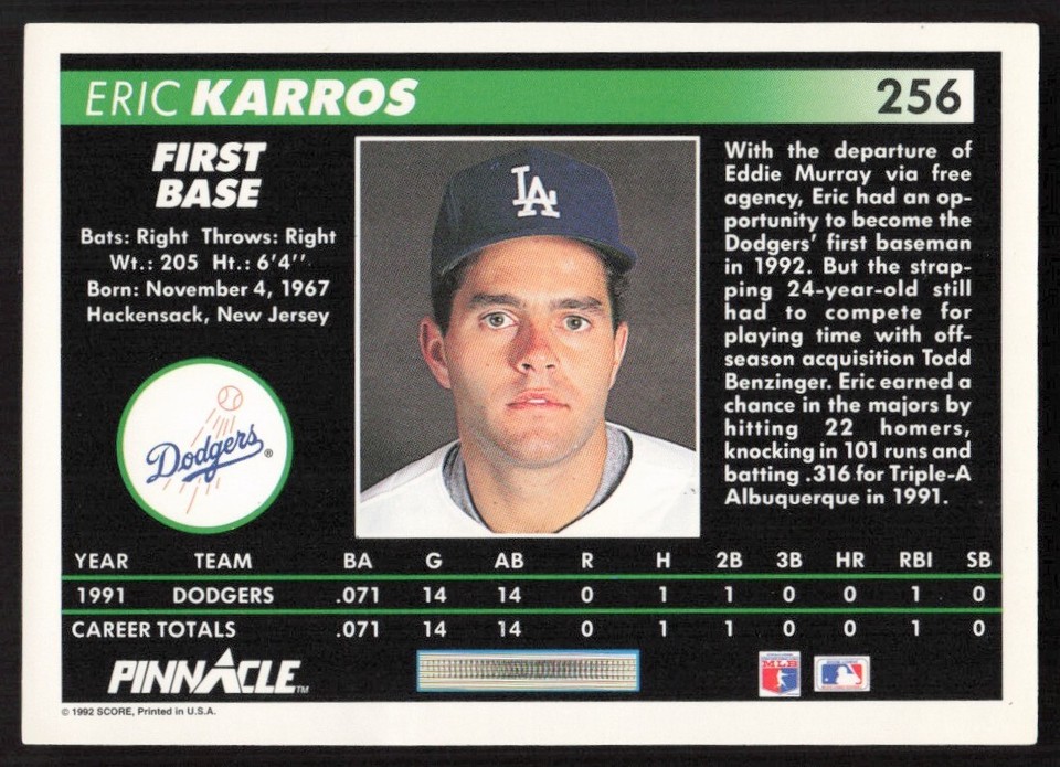 1992 Pinnacle #256 Eric Karros Los Angeles Dodgers | eBay