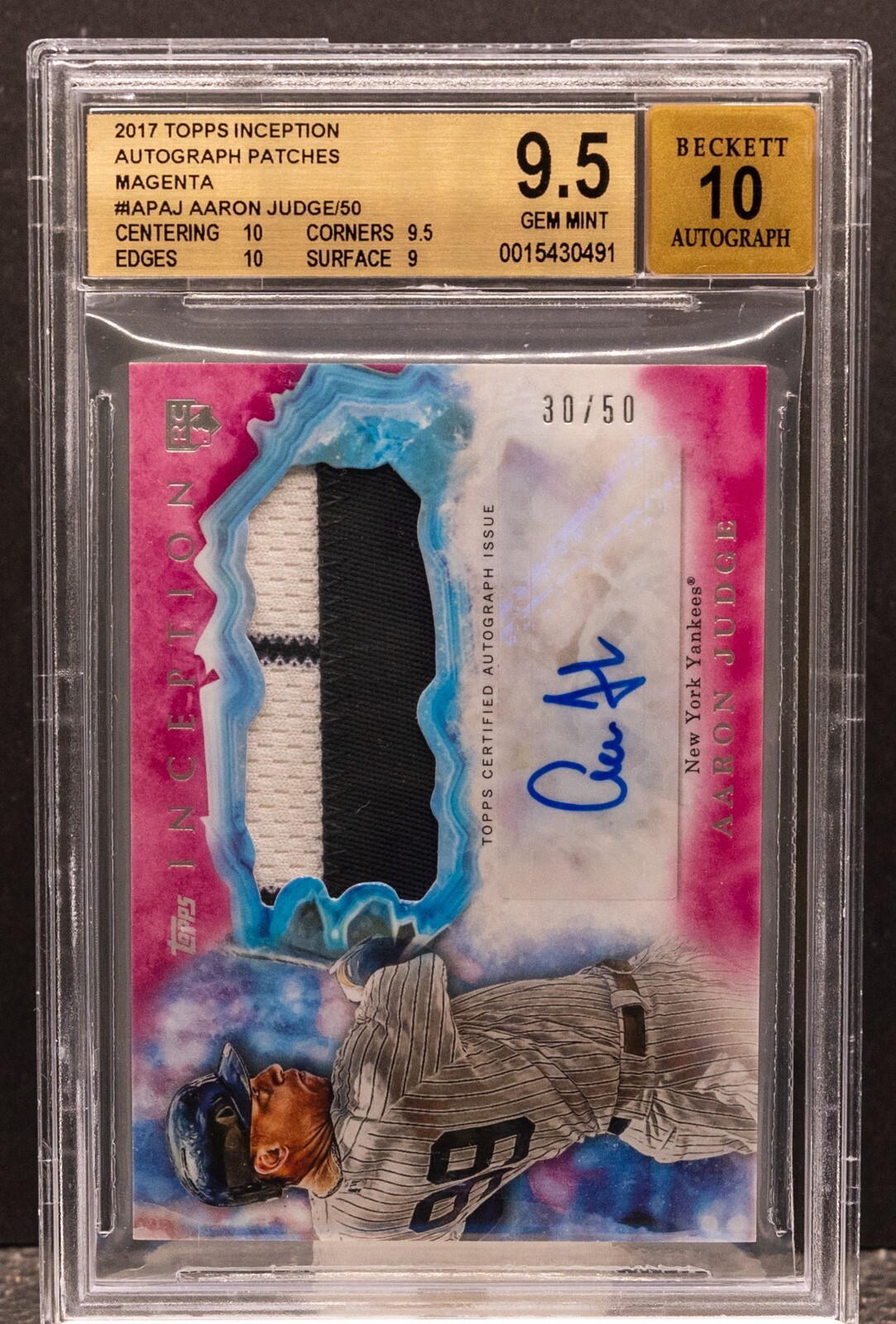 AARON JUDGE 2017 Topps Inception Magenta RPA RC Patch Auto 30/50 BGS 9. ...