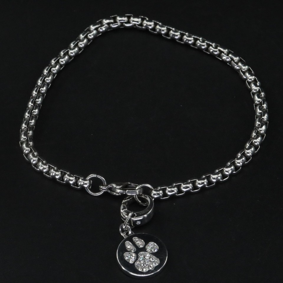 Stainless Steel - Crystal Paw Print Charm Rolo Chain 8" Bracelet - 12g ...
