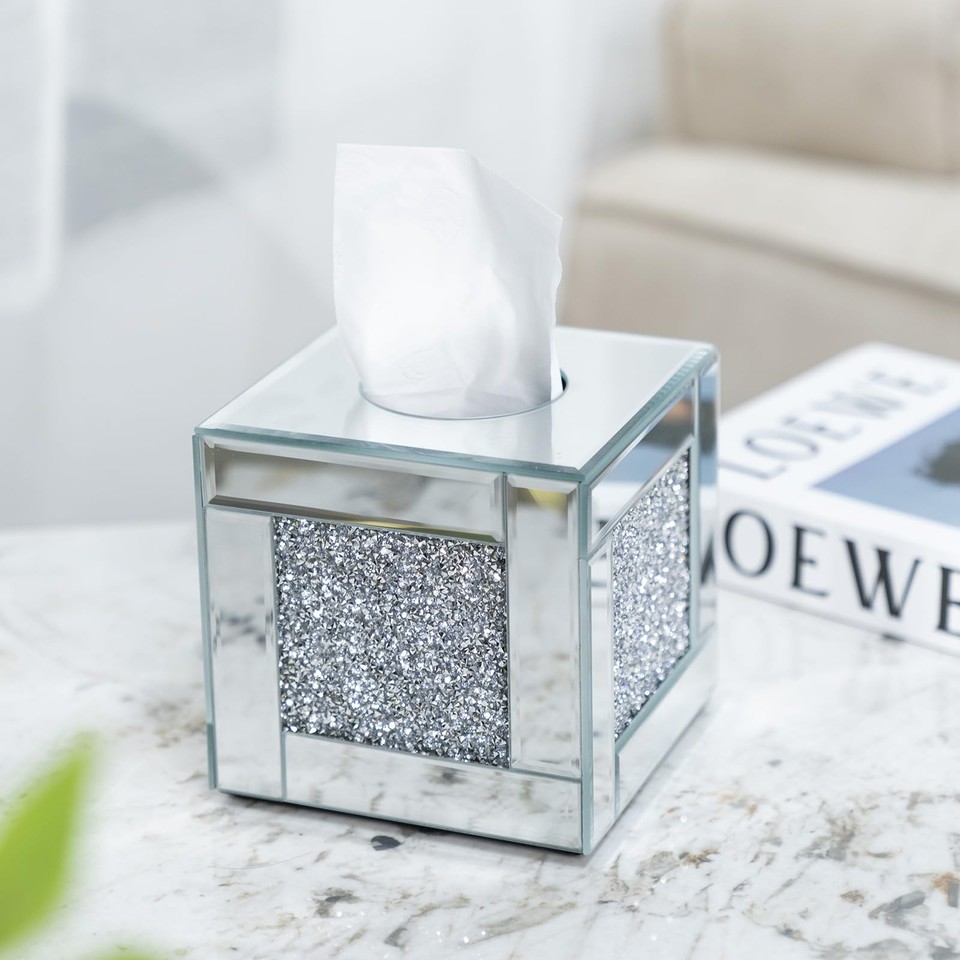Mirrored Tissue Box Cover Holder, Square Glass Facial Tissue Holder ...