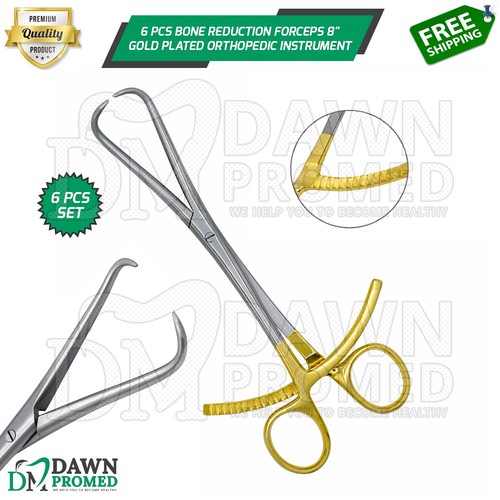 6 Pcs Bone Reduction Forceps 8" Curved Pointed Tips Gold Plated ...
