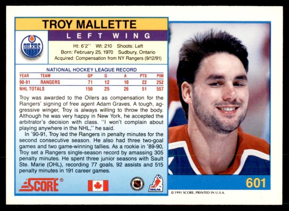 1991-92 Score Canadian Troy Mallette Edmonton Oilers #601 | eBay