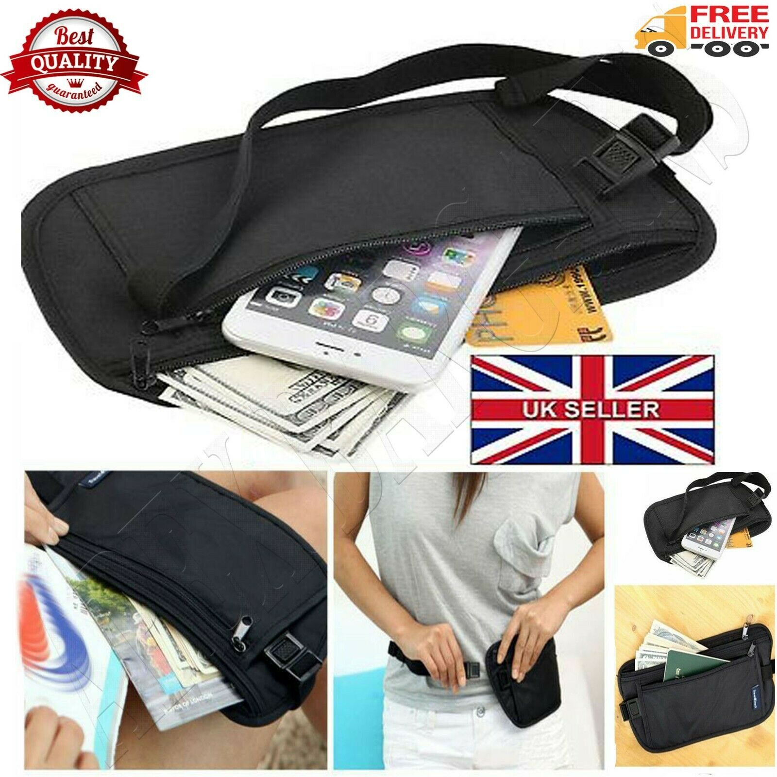 Discreet Money Travel Waist Belt Zipped Passport Wallet Pouch Bum Bag ...