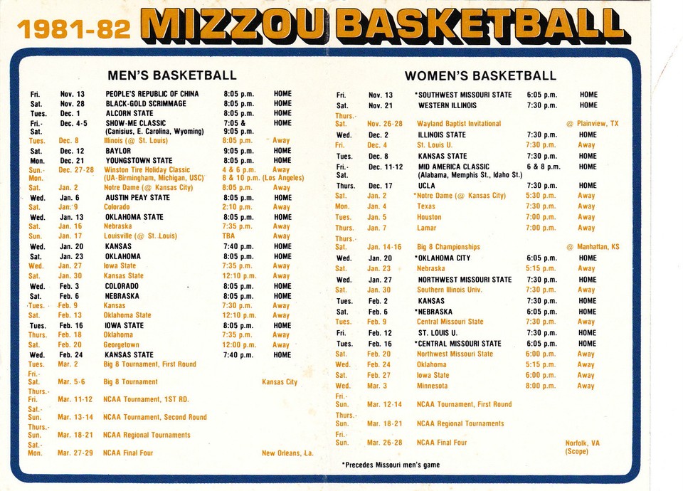 1981-82 UNIVERSITY OF MISSOURI MIZZOU BASKETBALL POCKET SCHEDULE | eBay