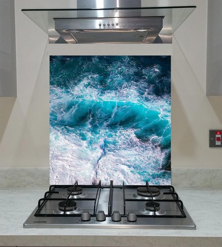 Splashback Toughened Glass Modern Unique Kitchen Sea Blue Waves Any ...