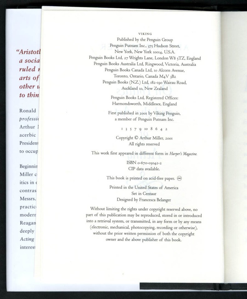 Arthur Miller SIGNED AUTOGRAPHED On Politics and the Art of Acting HC ...