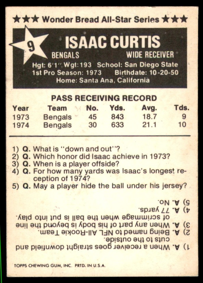 1975 Wonder Bread Isaac Curtis Cincinnati Bengals #9 EX | eBay
