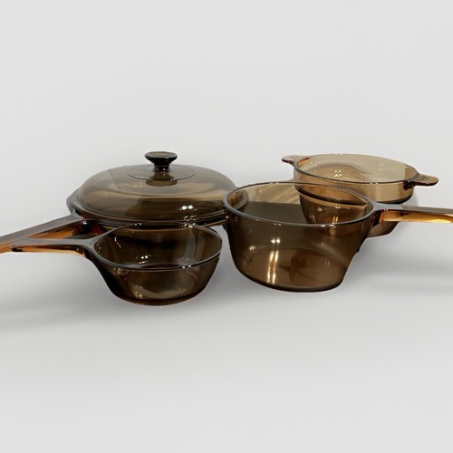 VTG Corning Vision Ware 10" Frying Pan Lid Boiler Pan 5 Piece Set Amber ...