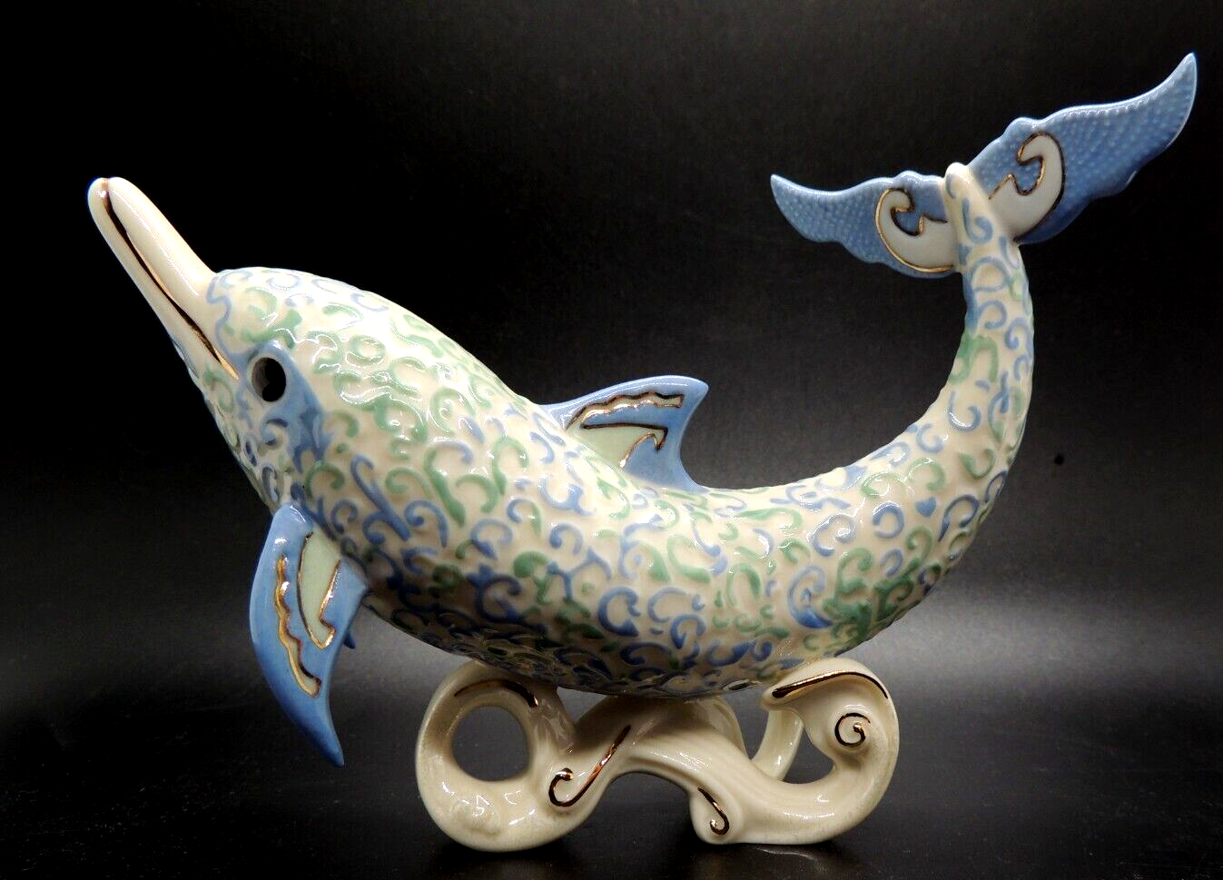 Lenox Deep Sea Dancer Dolphin Sculpture Blue Green Gold Accents Rare ...