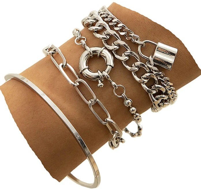 5 Stainless Steel Silver-Tone Womens Link Chain Bracelets Bangle Charm ...