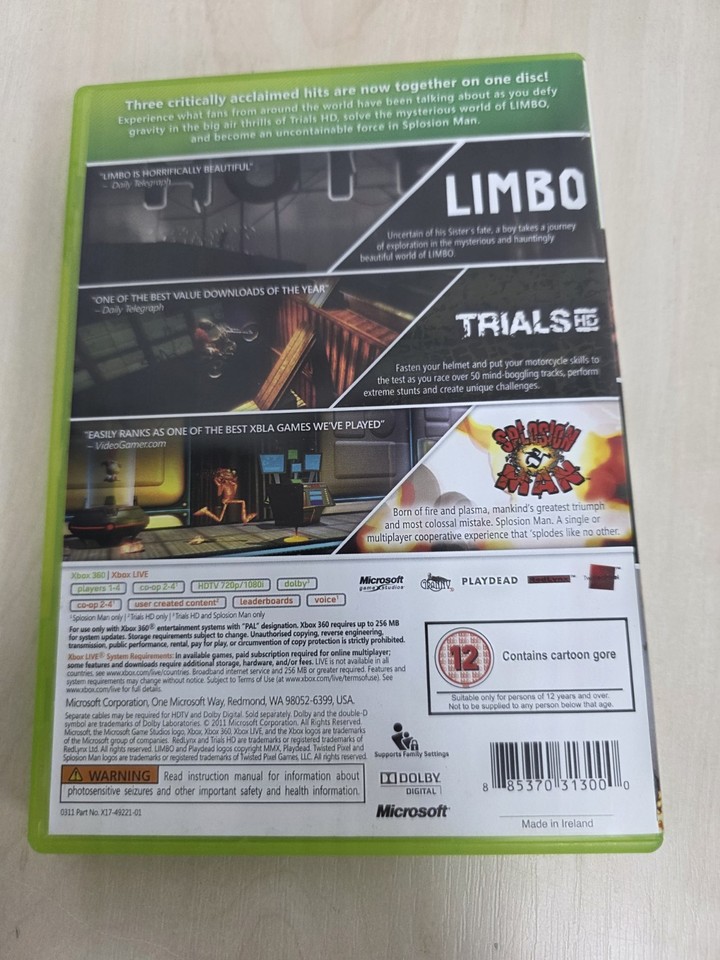 Xbox Live Hits Collection. Trials HD, Limbo & Splosion Man Xbox 360 VGC ...