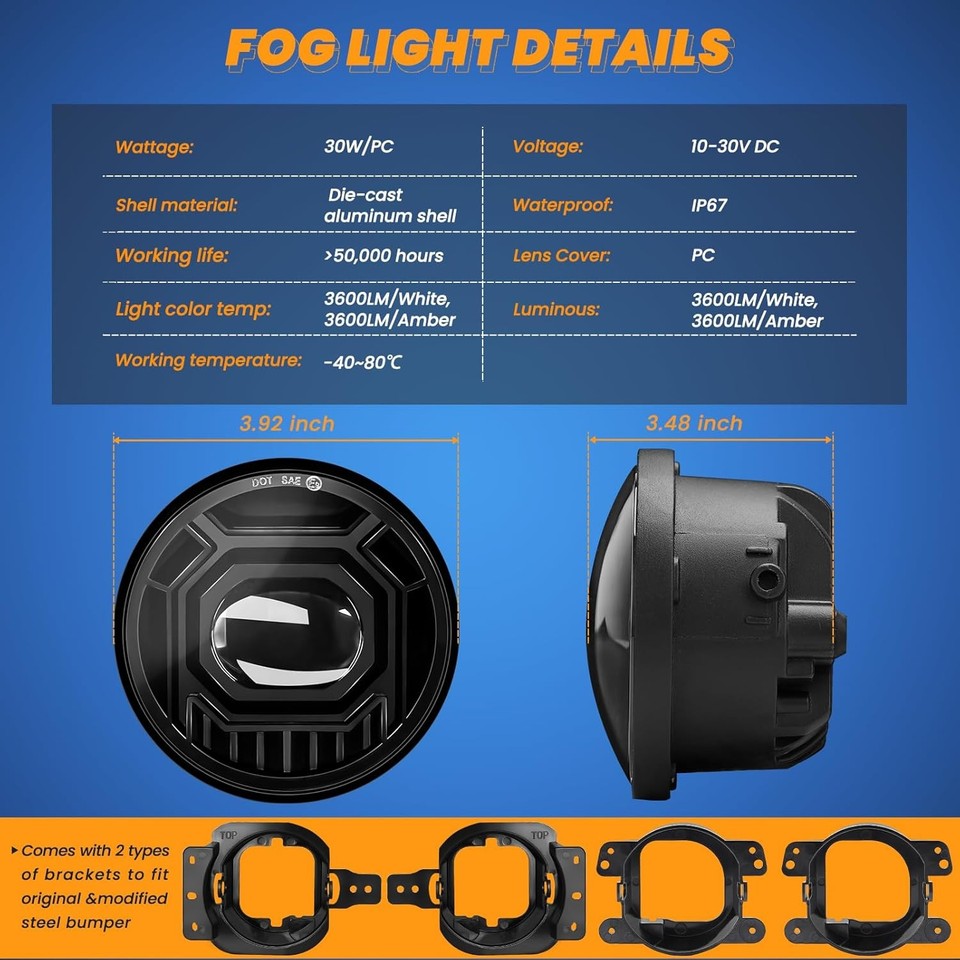 4 Inch round LED Fog Lights for 2018-2025 Jeep Wrangler JL JLU & Jeep ...