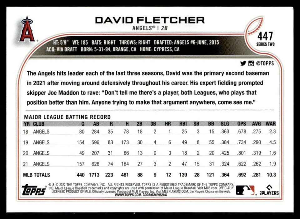 2022 Topps Series Two Green Foilboard David Fletcher Los Angeles Angels ...