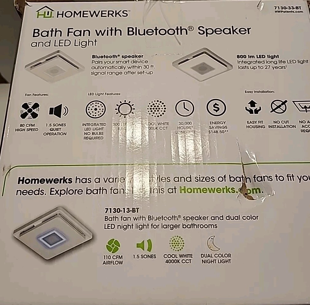 Homewerks 7130-13-BT White Decorative LED, Bluetooth Bathroom Exhaust ...