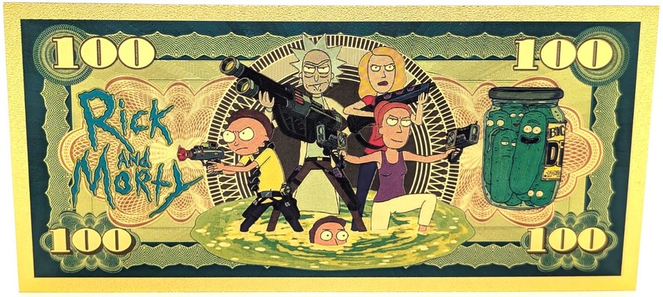 Rick E Morty Rick Sanchez E Morty Smith $100 Banconote Placcate In Oro ...