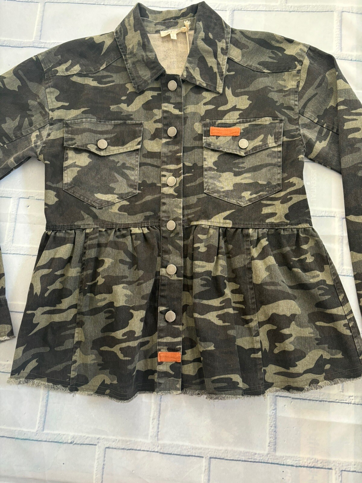 Mystree Size Small Green Camo Peplum Long Sleeve Denim Jacket New | eBay