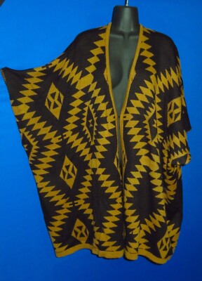 Women's, Knit, Topper, Cape, Geometric Print, 100% Acrylic, Tan, Black ...