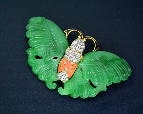 Kenneth Jay Lane KJL Jewelry Brooch Pin Butterfly Moth Faux Carved Jade ...
