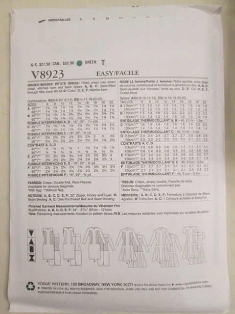 Vogue 8923 Easy Options Dress Pattern 6-14 Sleeve Neck Variations Color ...