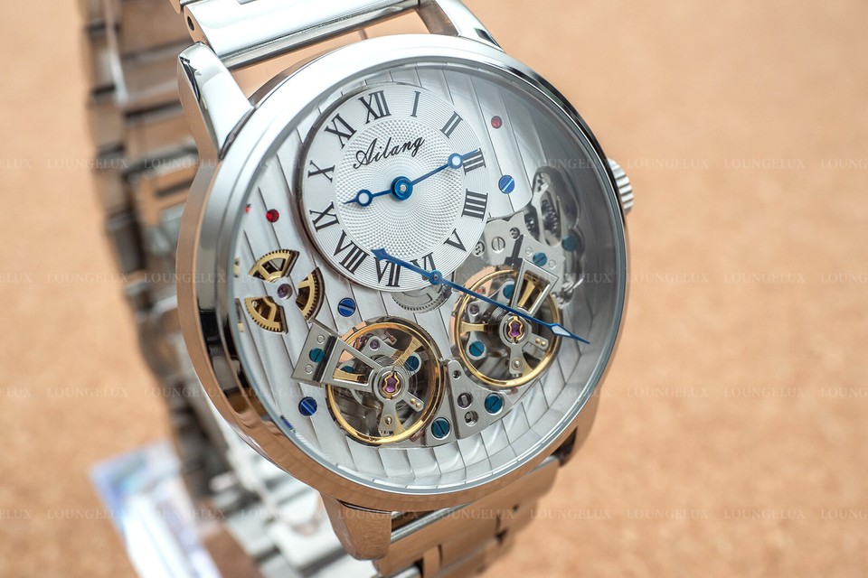 Mens Double Flywheel Automatic Mechanical Watch Silver White Stainless ...