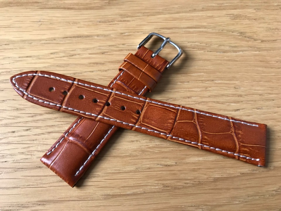 For ROTARY Watch Brown White Stitch Genuine Leather Strap Band Buckle ...