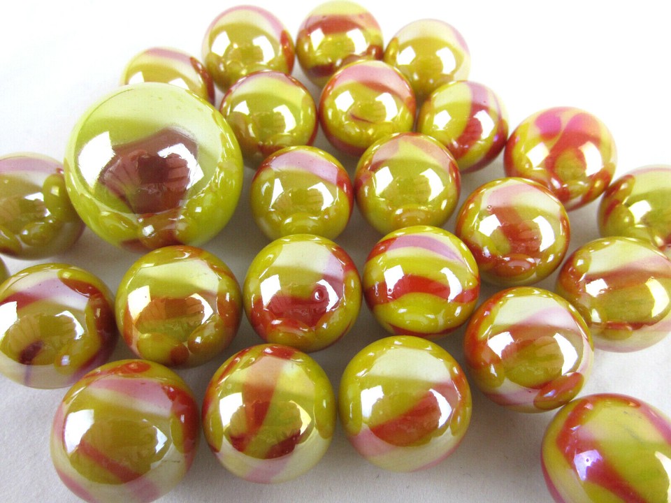 25 Glass Marbles SUN Fire RED/YELLOW Opal iridescent Shooter game style ...