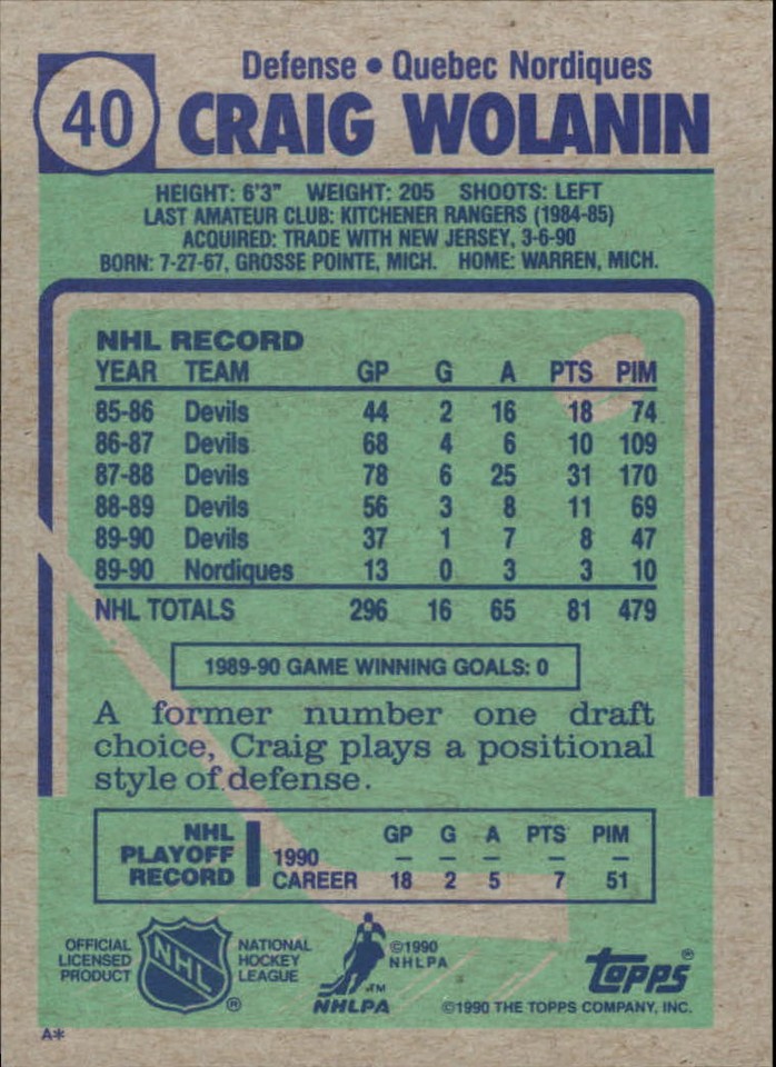 1990-91 Topps Nordiques Hockey Card #40 Craig Wolanin RC | eBay