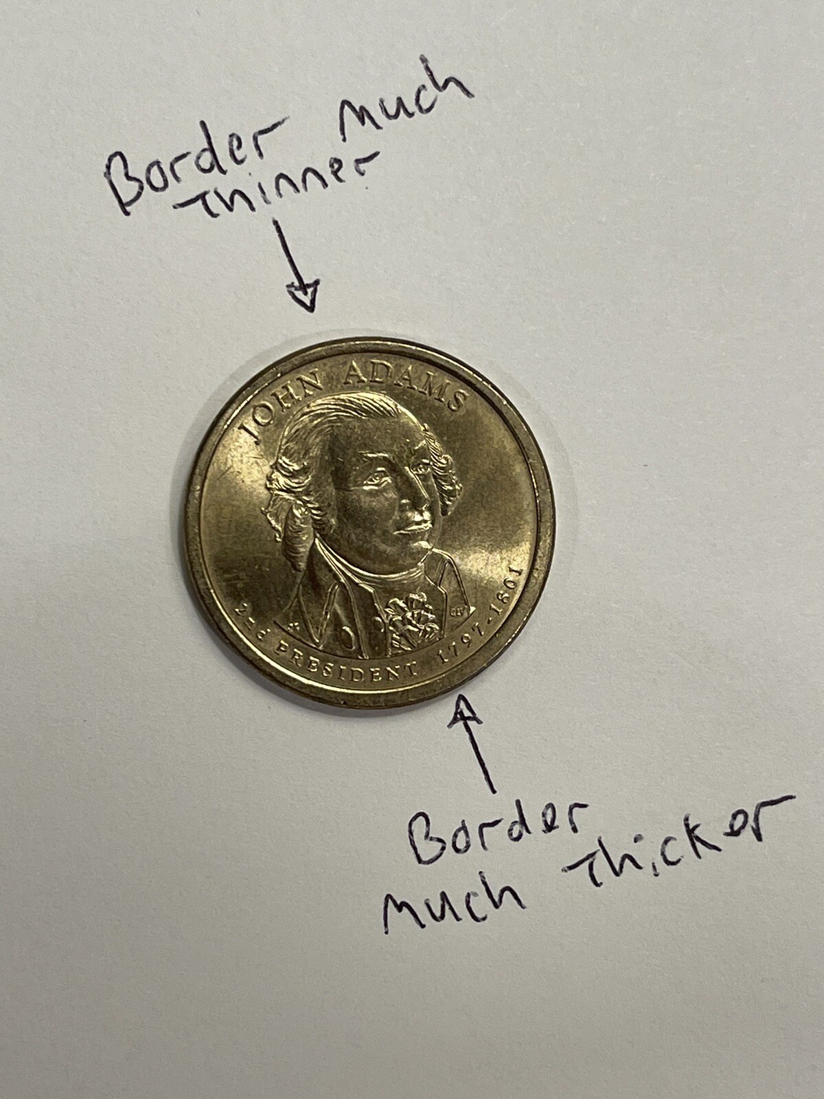 2007-P JOHN ADAMS PRESIDENT 1 DOLLAR GOLD COLORED COIN - ERROR OFF ...