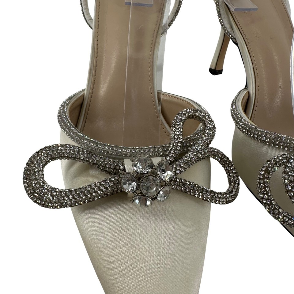 Wedding Heels Diamond Bow Off White Satin Wrap Around Ankle Pointed Toe ...