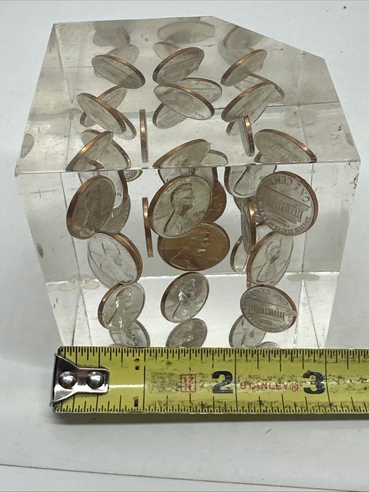 Vintage 1970 Lucite Acrylic Coin Cube Floating Pennies Paperweight 2.5 ...