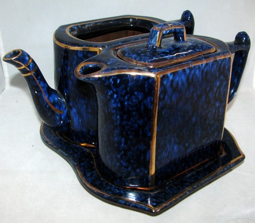WADE POTTERY Vintage Marbled Cobalt Gold Trim DUAL TEAPOT & COFFEE POT ...