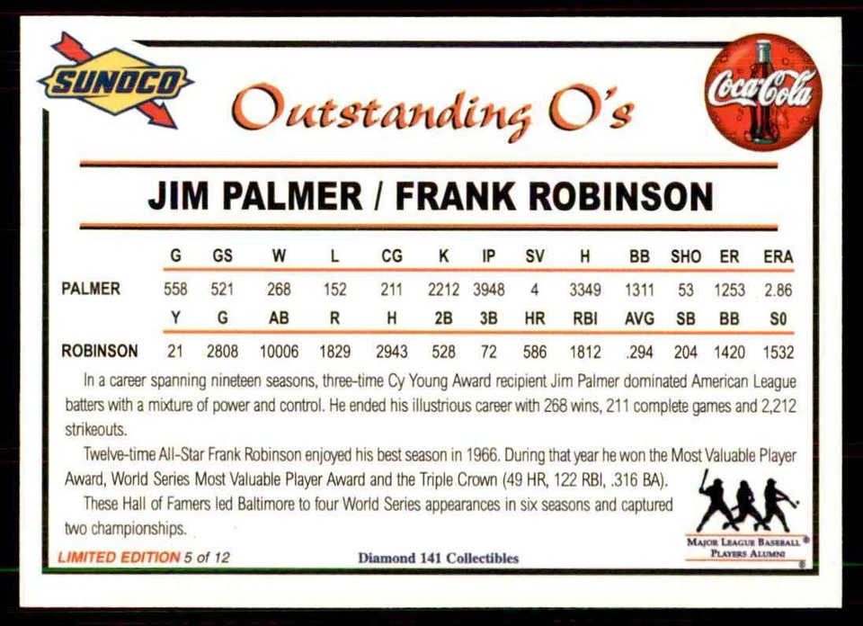 2001 Sunoco Dream Team Jim Palmer/Frank Robinson Baseball Cards #5 OF ...