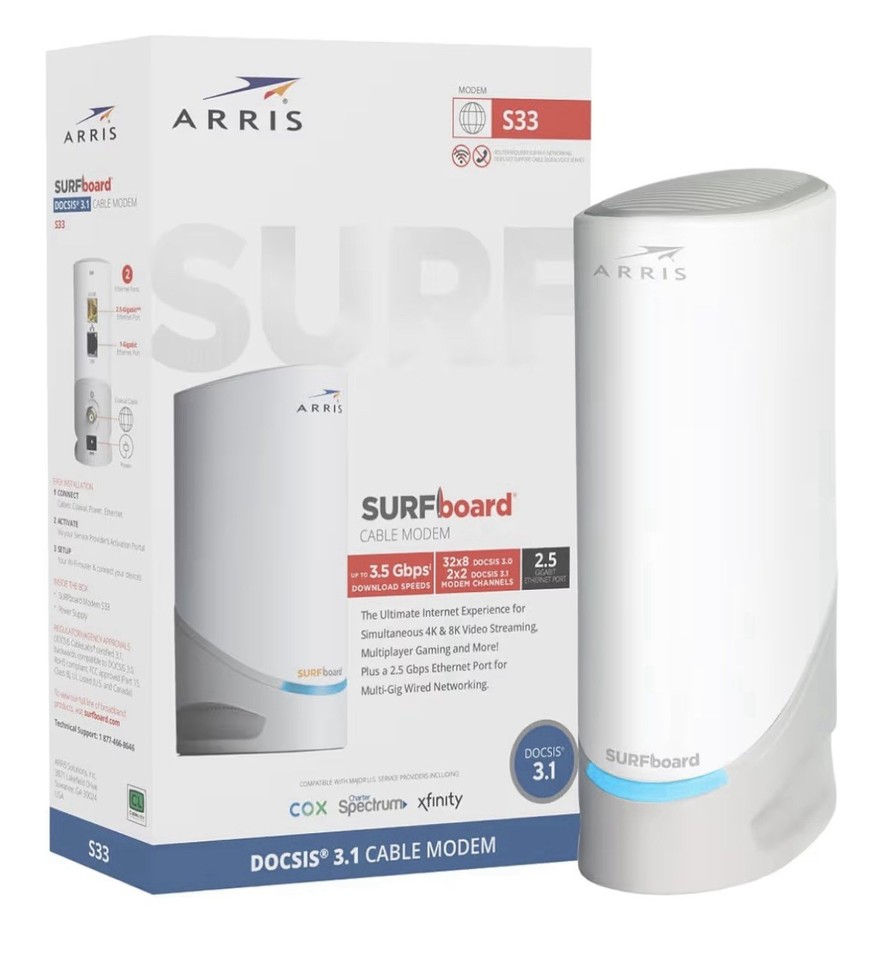 ARRIS SURFboard S33 DOCSIS 3.1 Multi‑Gig Cable Modem | 2.5Gbps + 1Gbps ...