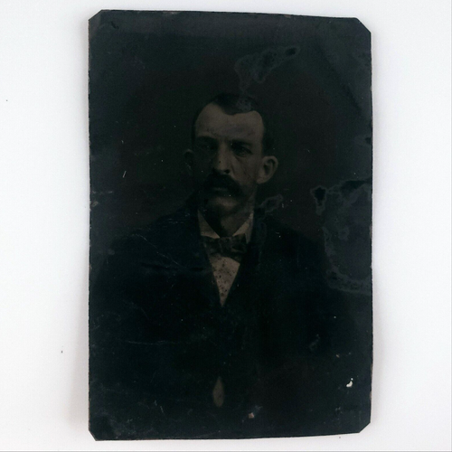 Tintype Photo Gothic Mustache Man c1870 Antique 1/6 Plate Dark Bowtie ...