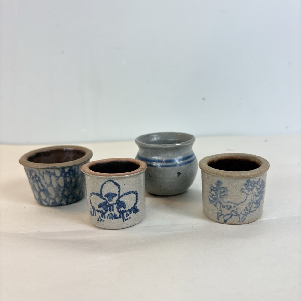 Lot 4 Vintage Mini Pottery Crocks Plant Pot 1.25" Stoneware Spongeware ...
