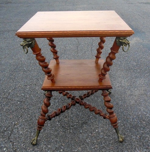 Antique Merklen Bros NY Oak PARLOR TABLE Barley Twist Brass LION Claw ...