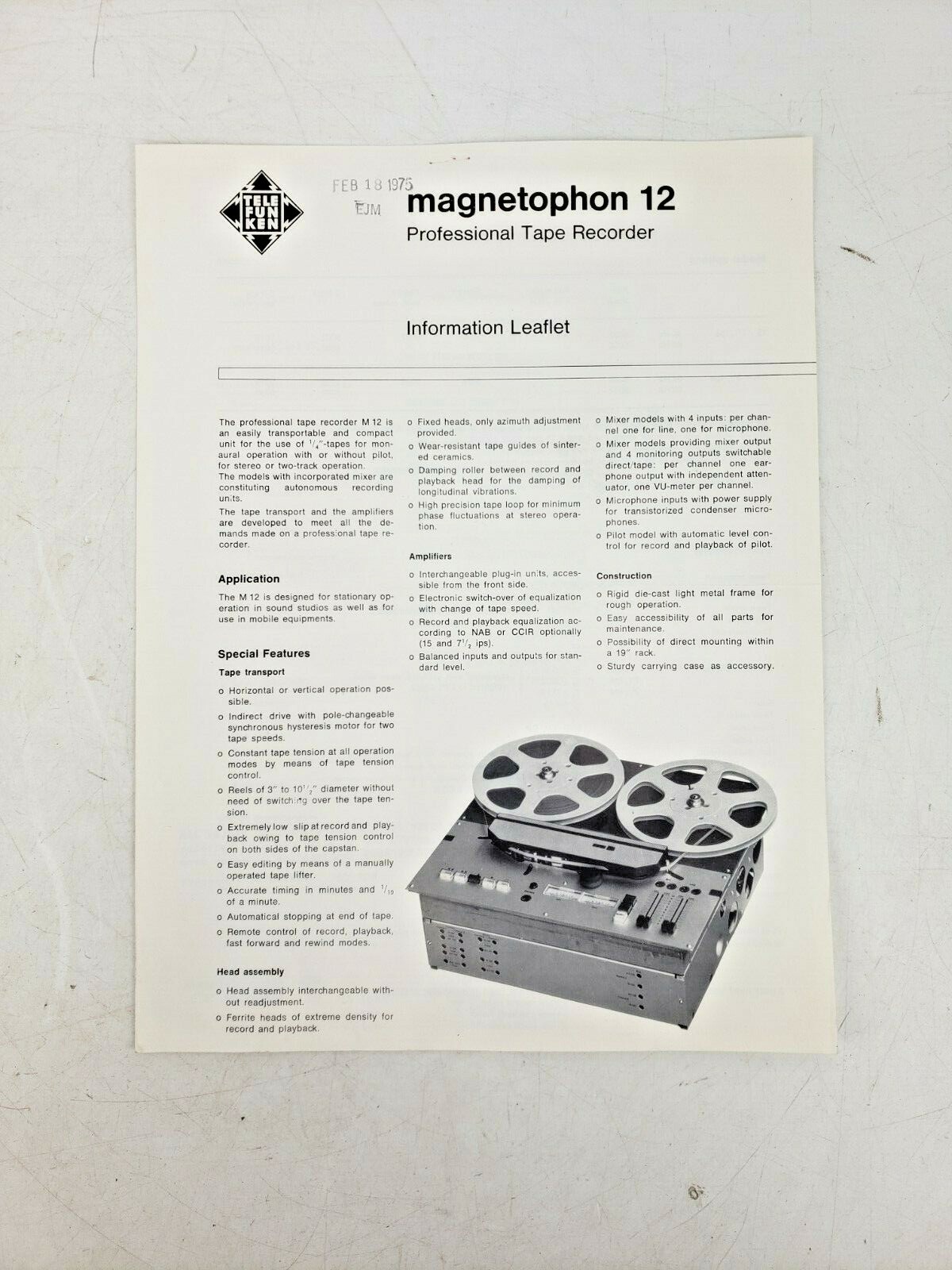 Rare Vintage Telefunken M12 Magnetophon Reel To Reel Spec Sheets Gotham ...