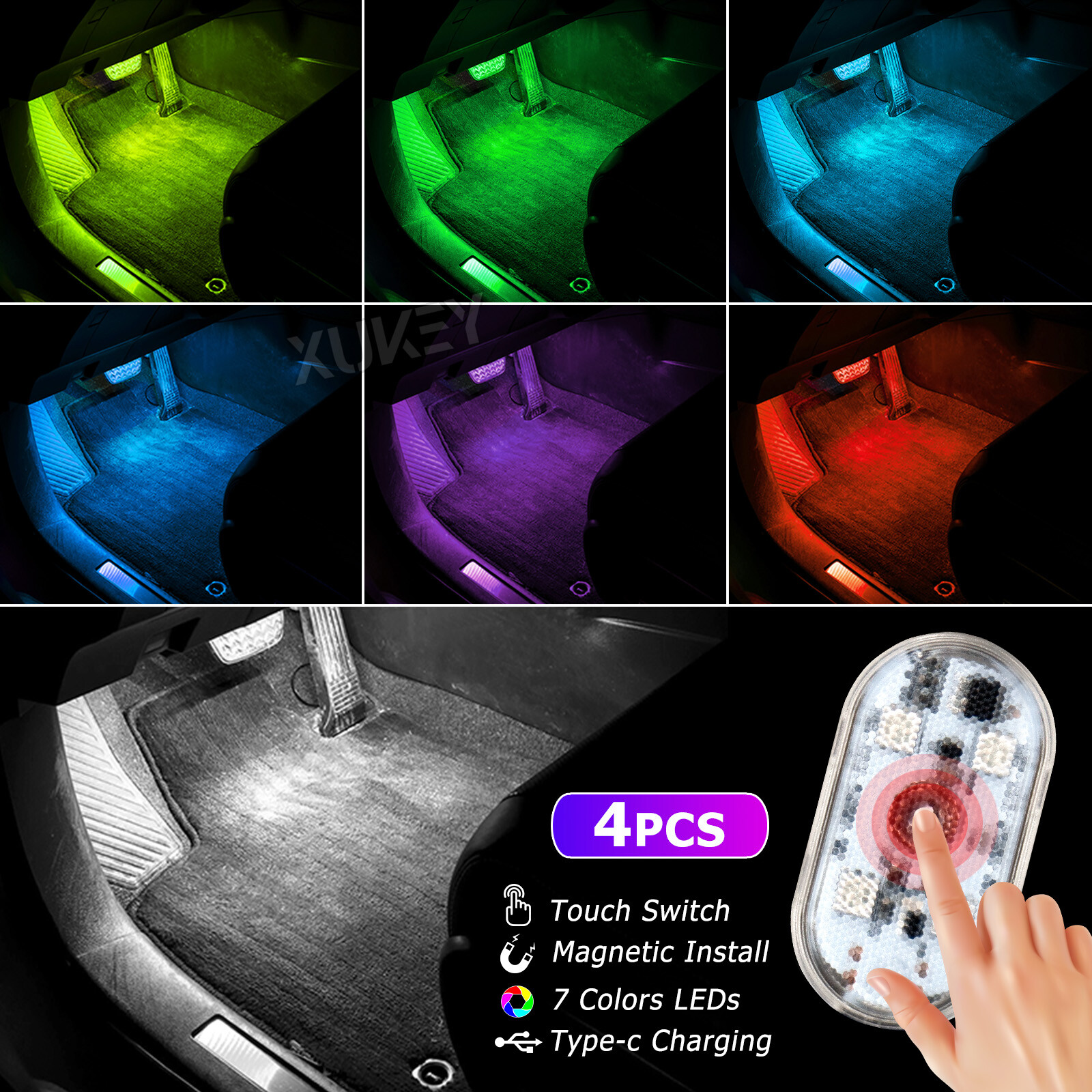 X4 Multicolor LED Car Interior Footwell Lights USB Touch Control ...