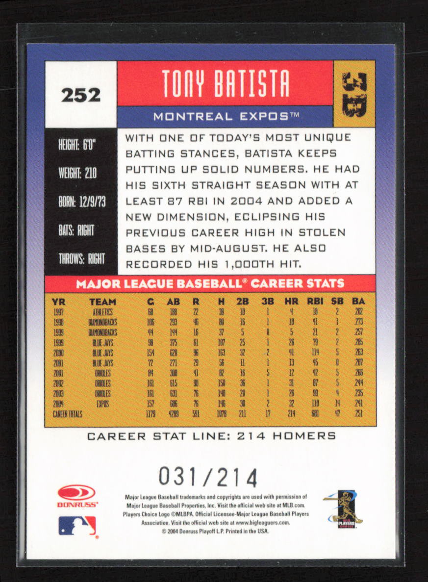 2005 Donruss - Tony Batista #252 Career Stat Line /214 for sale online ...