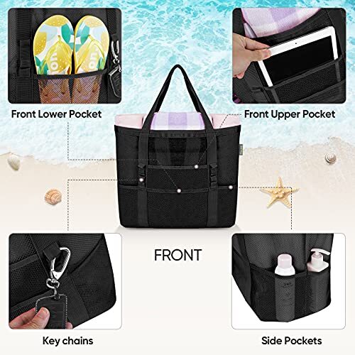 Large Beach Bag Pool Bags Mesh Beach Tote For Toys Towel Flip Flops Black | eBay