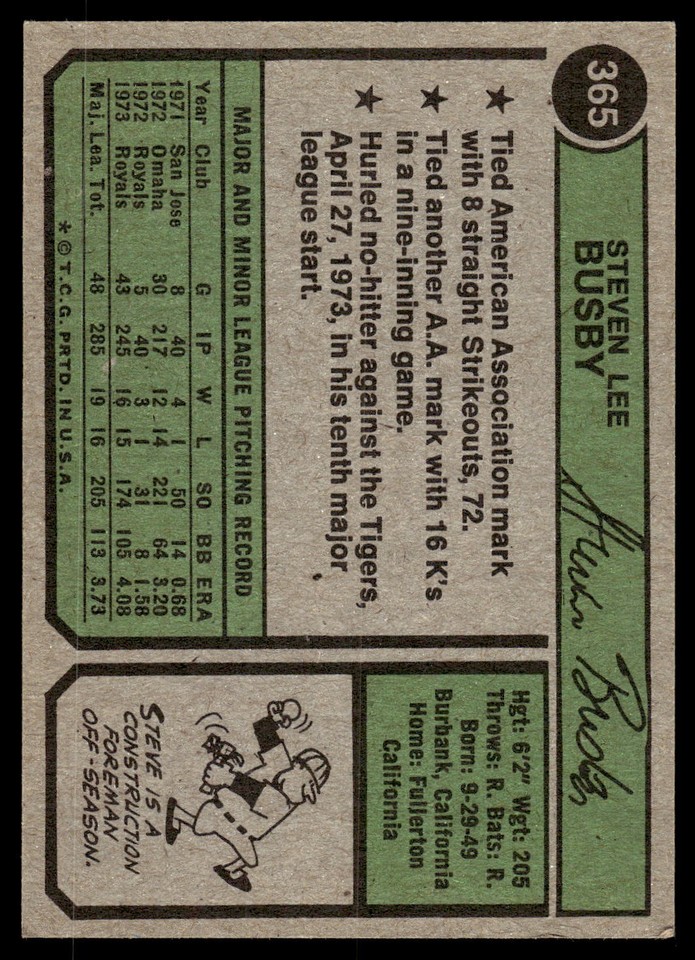 1974 Topps #365 Steve Busby | eBay