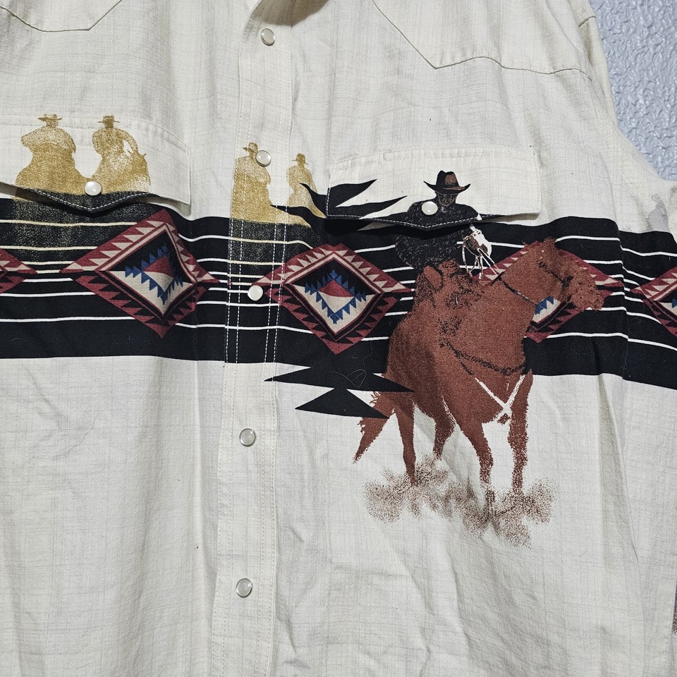 Vintage 90s Wrangler Pearl Snap Shirt Size L Aztec Rodeo Wrap Around ...