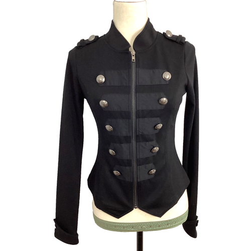 PATTY BOUTIK SIZE XS BLACK KNIT MILITARY JACKET ZIP FRONT DOUBLE ROW ...