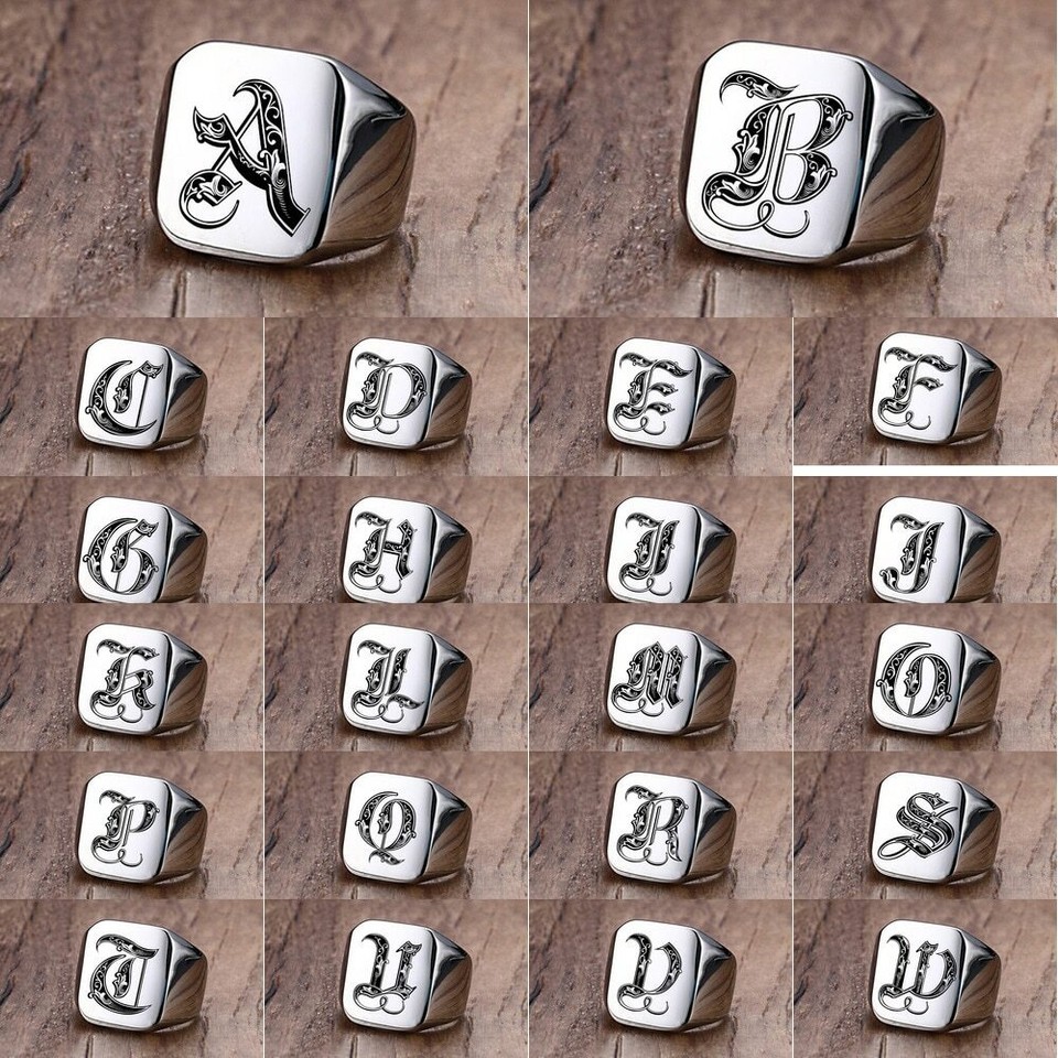 Retro Initials Signet Ring Men Stamp Male Band Stainless Steel Letter ...