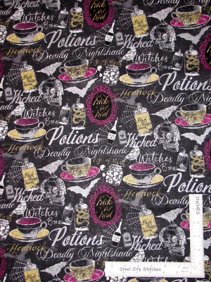 Halloween Potion Skull Silver Acnt Cotton Fabric Northcott Frightful 1. ...