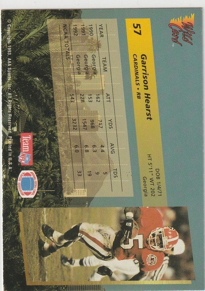 1993 Wild Card #57 Garrison Hearst RC Phoenix Cardinals Georgia ...