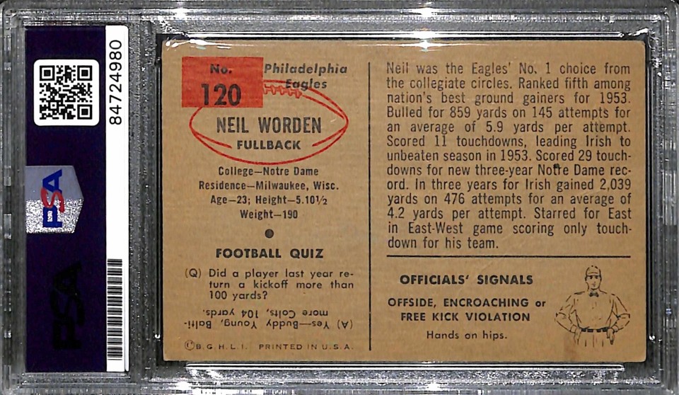 Neil Worden 1954 Bowman Topps Signed Autographed Rookie Card #120 PSA ...