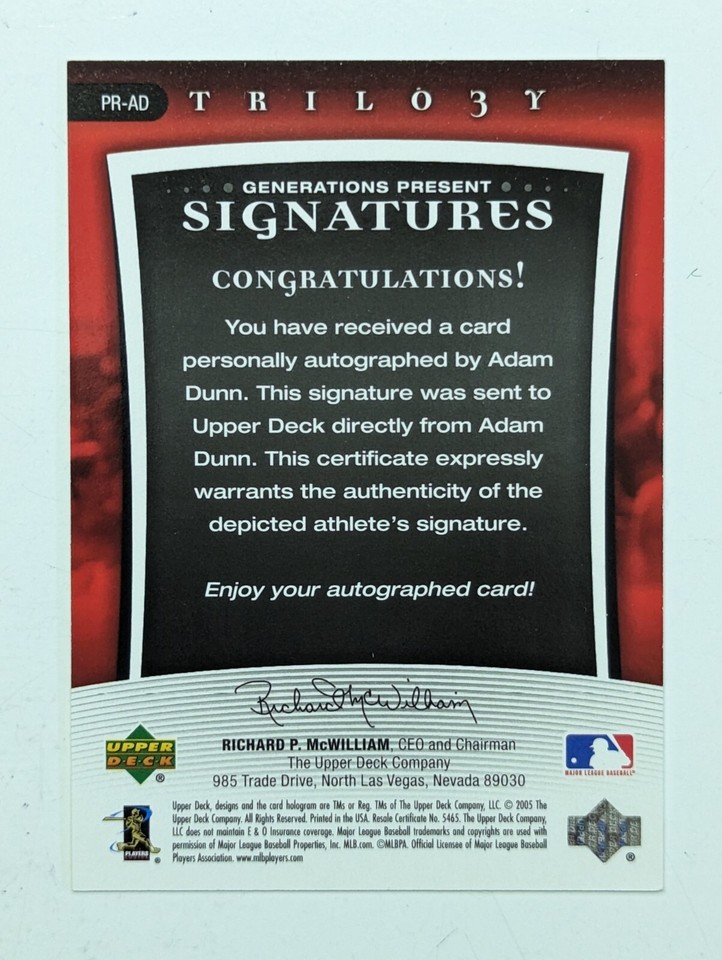 2005 Upper Deck Trilogy Generations Present Signature Adam Dunn 16/95 ...