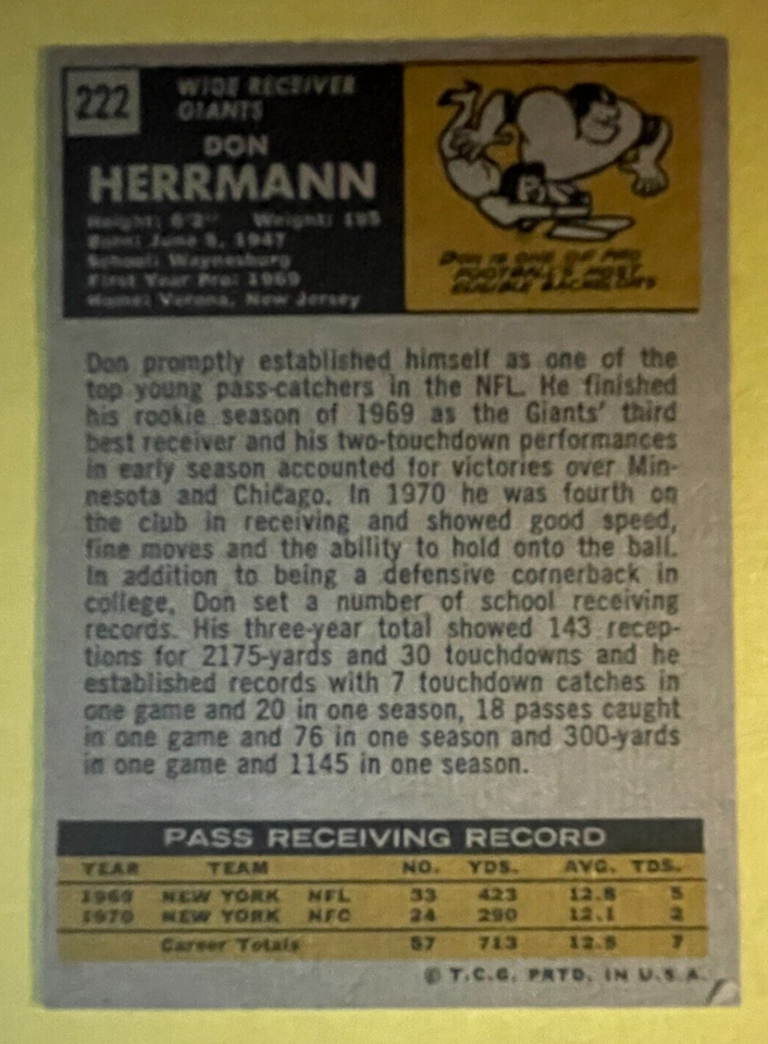 SIGNED DON HERRMANN 1971 TOPPS FOOTBALL CARD AUTOGRAPH - GIANTS | eBay