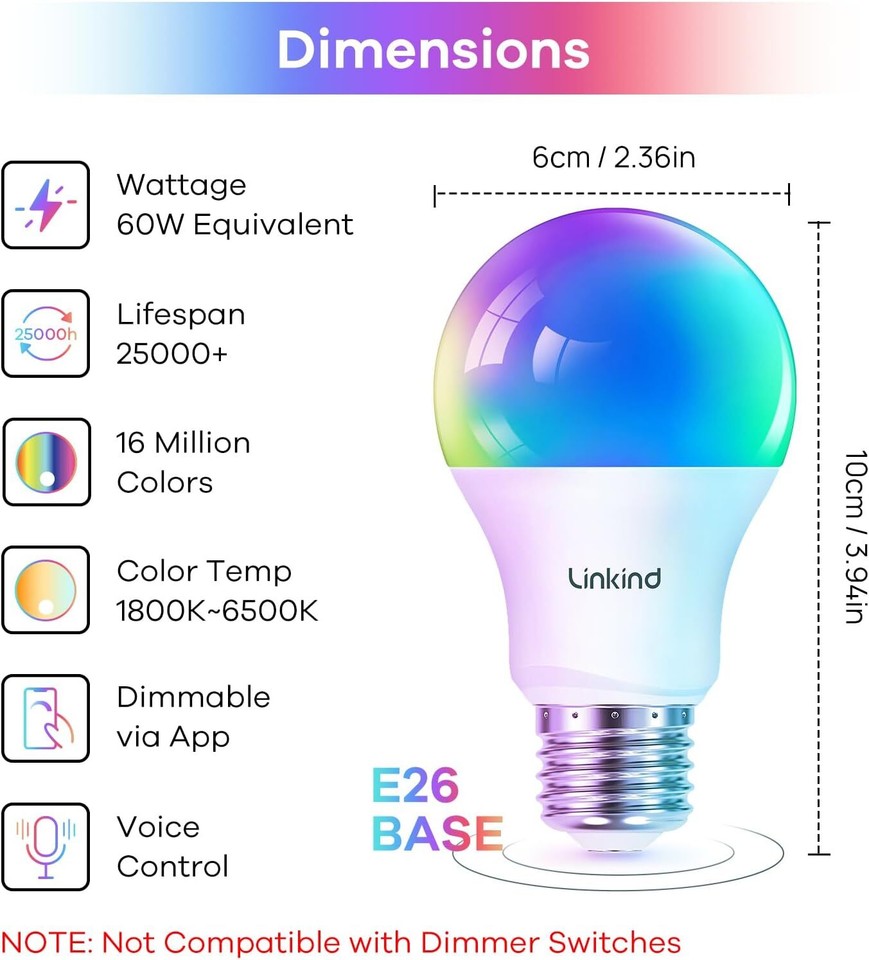 Smart Light Bulbs LED RGBW Color Changing Dimmable Alexa 60W,800 Lumen ...